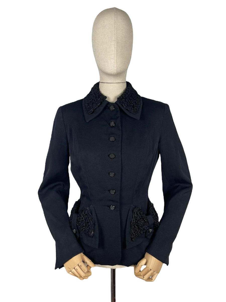 Original 1940's Black Wool Jacket with Real Astrakhan Trim on Collar a ...