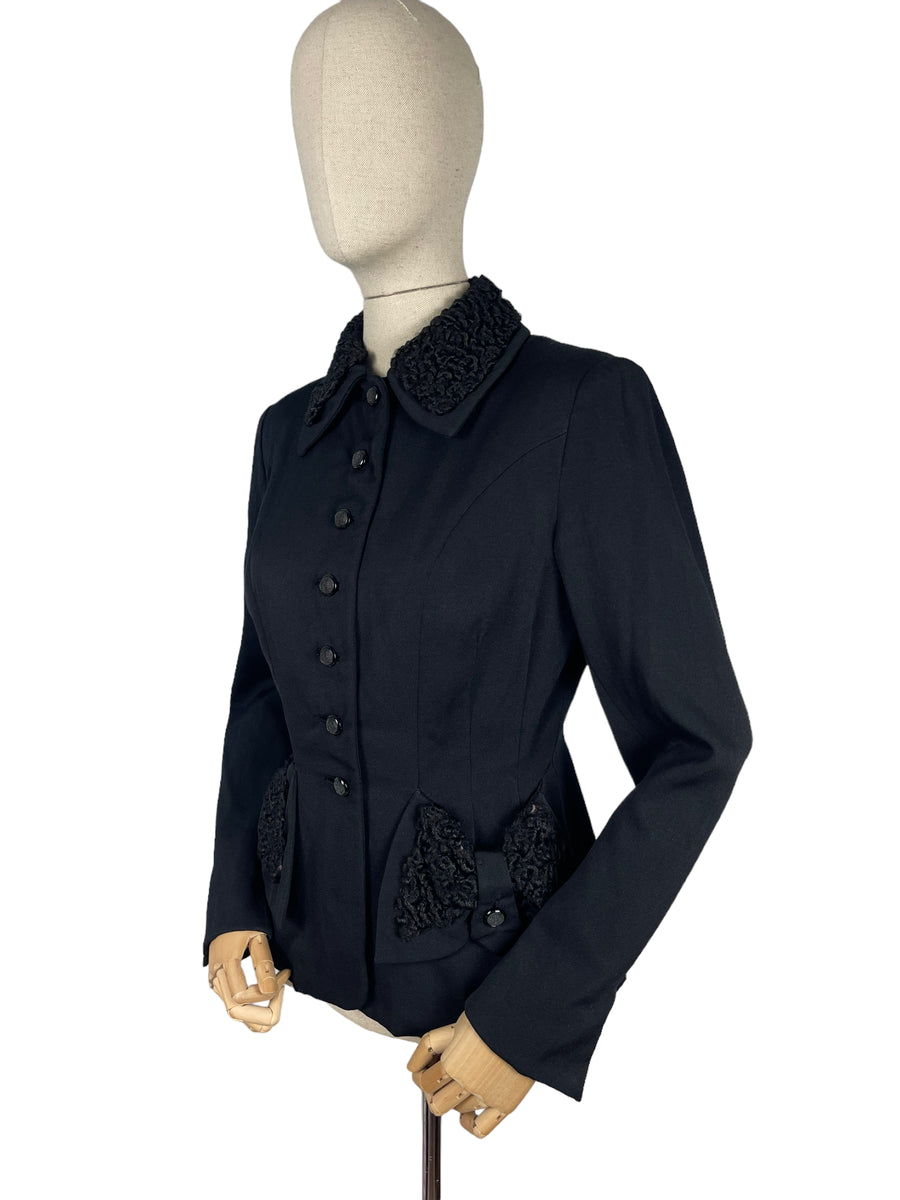 Original 1940's Black Wool Jacket with Real Astrakhan Trim on Collar a ...