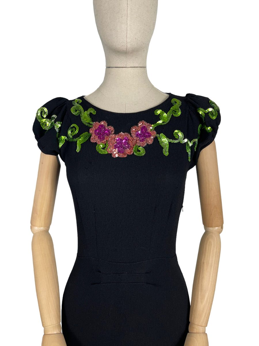 Original 1940's Ellen Kaye Original Black Crepe Cocktail Dress with Fl ...