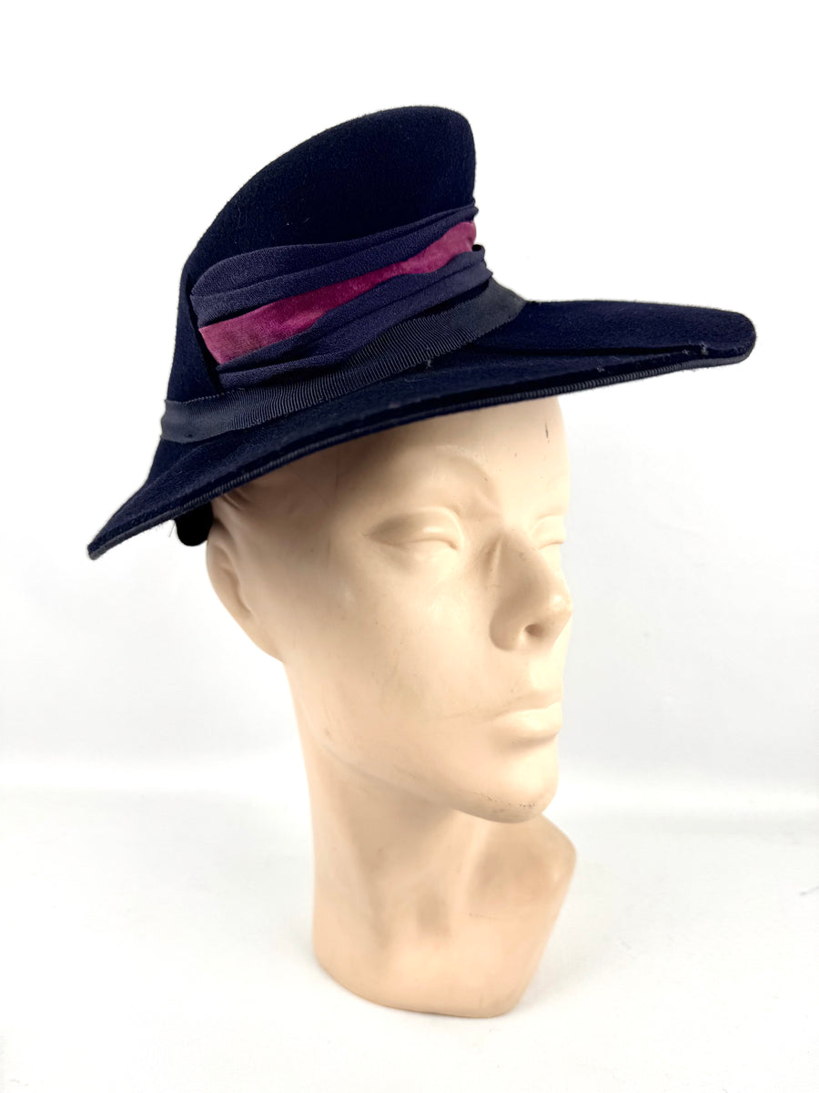 Original 1930's Midnight Blue Felt Hat with Crepe and Pink Velvet Trim ...