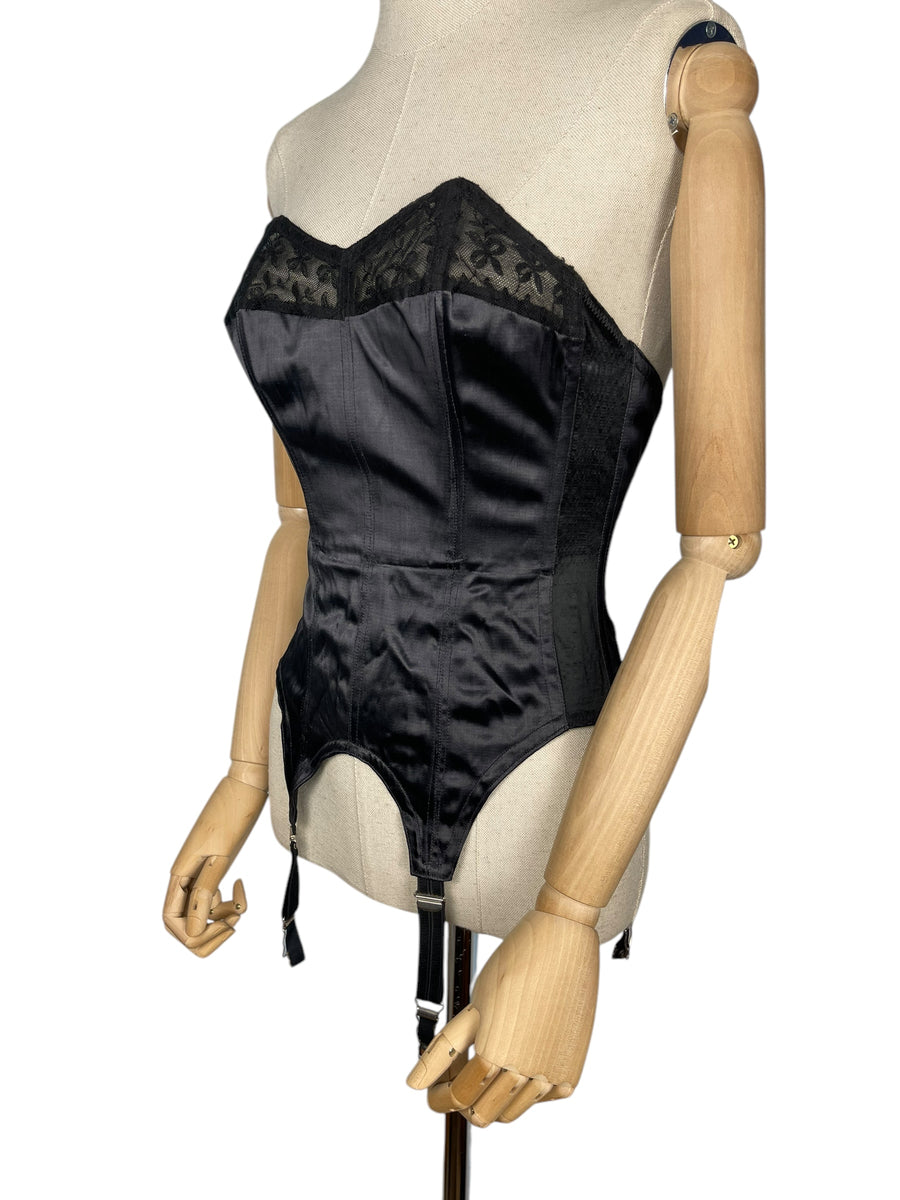 Original 1940's or 1950's Inky Black Satin and Lace Boned Corset with ...