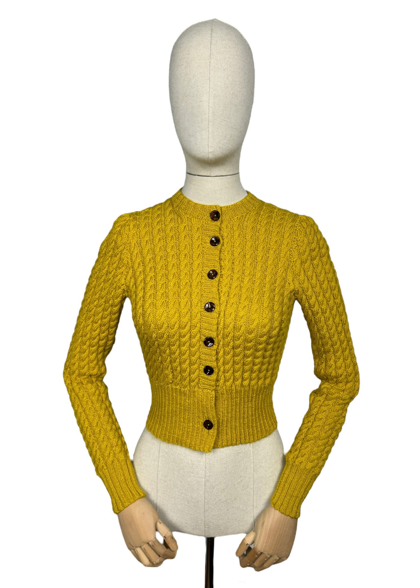 Reproduction 1940's Cable Knit Cardigan with Long Sleeves and Brown Bu ...