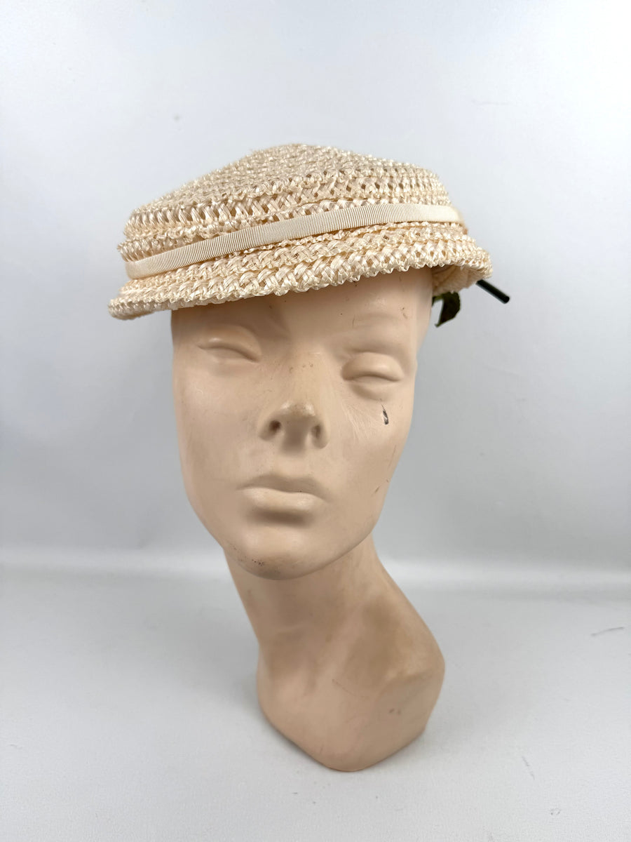Original 1950's Cream Lacquered Raffia Hat with Pretty Apricot Rose Tr ...