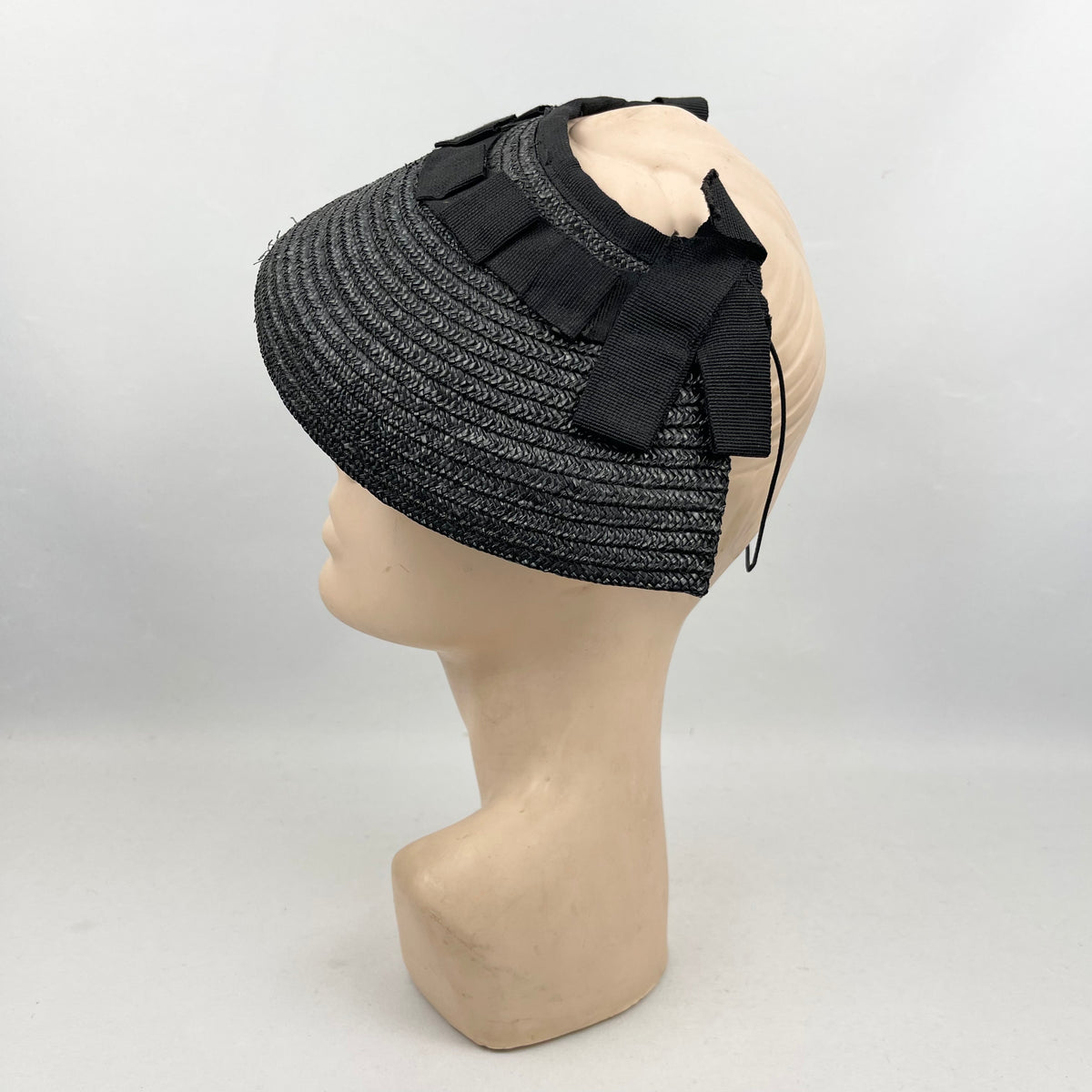 Original 1940's Black Straw Half Hat with Grosgrain Ruffle Trim - Grea ...