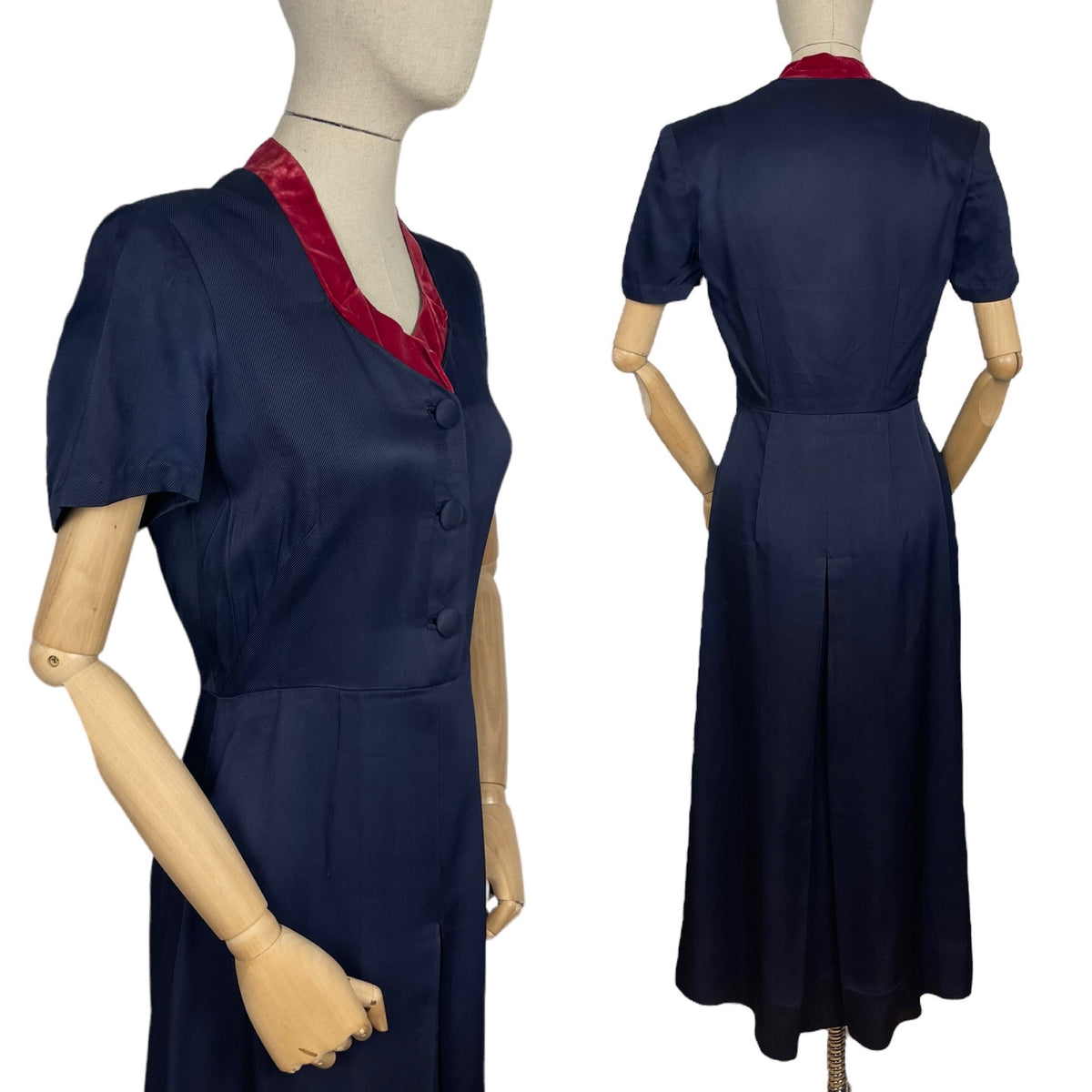 Original 1940's Classic Navy Blue Day Dress with Button Front and Red ...