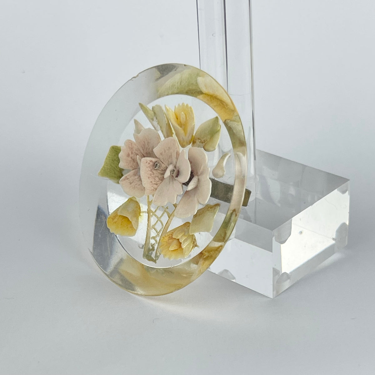 Original 1940's 1950's Reverse Carved Lucite Brooch with Flowers in a ...