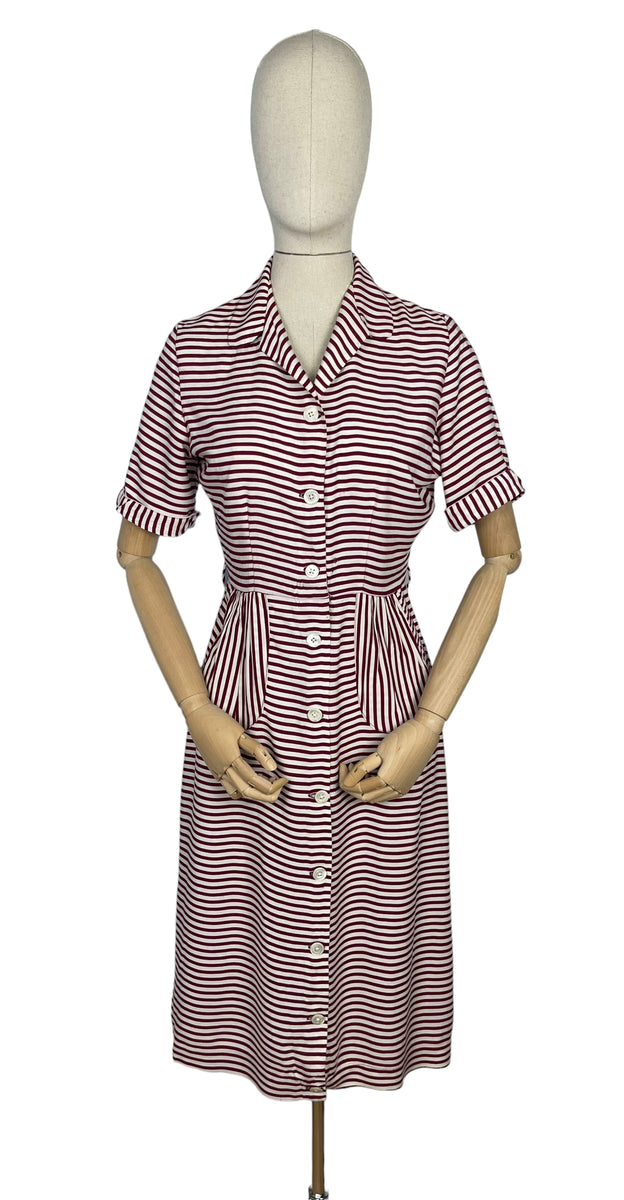 Original 1940’s CC41 Burgundy and White Floppy Cotton Day Dress with P ...